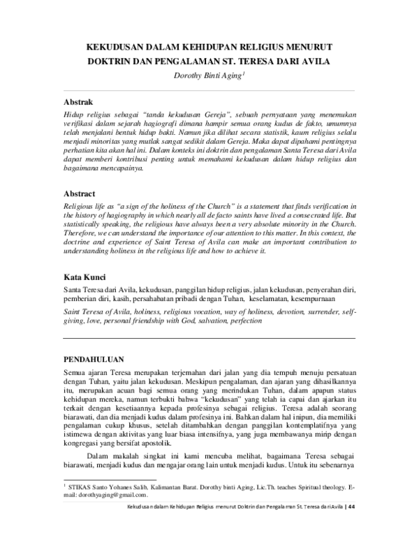 (PDF) Kekudusan Dalam Kehidupan Religius Menurut Doktrin Dan Pengalaman St. Teresa Dari Avila