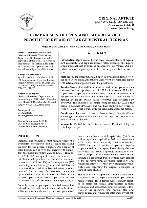 (PDF) COMPARISON OF OPEN AND LAPAROSCOPIC PROSTHETIC REPAIR OF LARGE VENTRAL HERNIAS