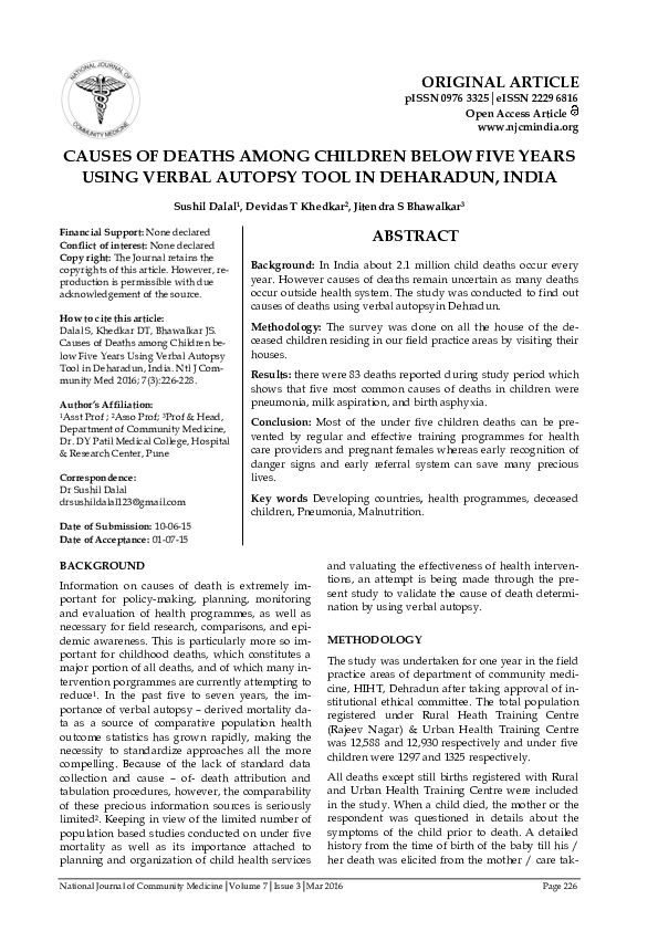 (PDF) CAUSES OF DEATHS AMONG CHILDREN BELOW FIVE YEARS USING VERBAL ...