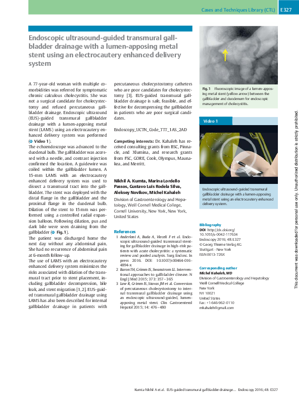 (PDF) Endoscopic ultrasound-guided transmural gallbladder drainage with a lumen-apposing metal ...
