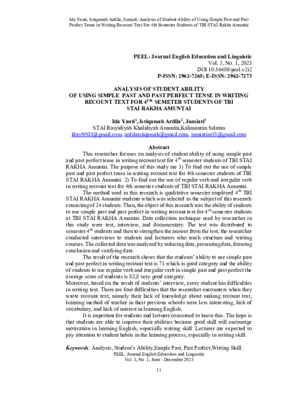 (PDF) Analysis of Student Ability of Using Simple Past and Past Perfect Tense in Writing Recount ...
