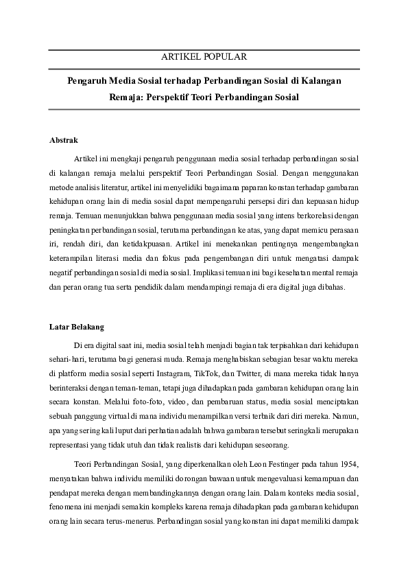 (PDF) Pengaruh Media Sosial terhadap Perbandingan Sosial di Kalangan Remaja: Perspektif Teori ...