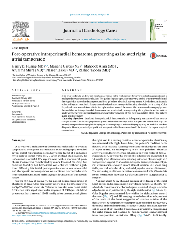 (PDF) Post-operative intrapericardial hematoma presenting as isolated right atrial tamponade ...