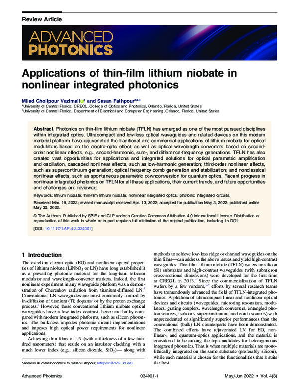 (PDF) Applications of thin-film lithium niobate in nonlinear integrated photonics