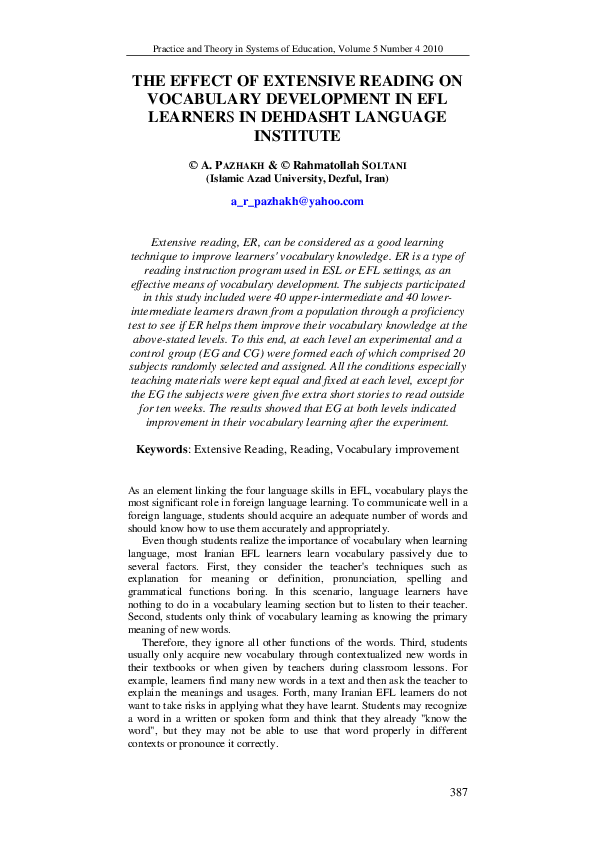 (PDF) The Effect of Extensive Reading on Vocabulary Development in Efl Learners in Dehdasht ...