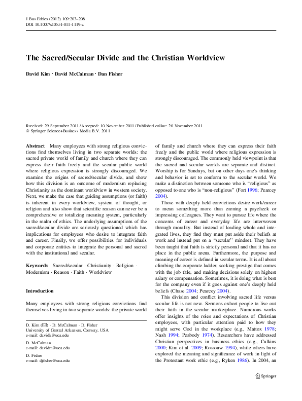 (PDF) The Sacred/Secular Divide and the Christian Worldview