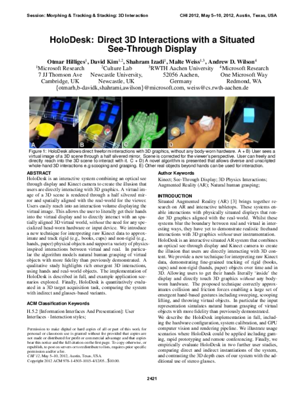 (PDF) Direct 3D Interactions with a Situated See-Through Display