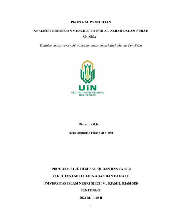 (PDF) PROPOSAL PENELITIAN ANALISIS PEREMPUAN MENURUT TAFSIR AL-AZHAR ...
