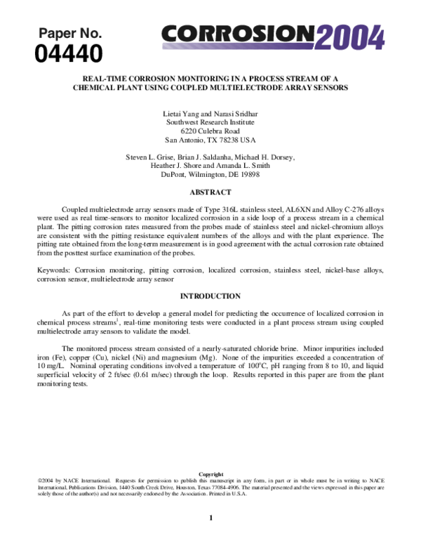 (PDF) Real-Time Corrosion Monitoring in a Process Stream of a Chemical ...