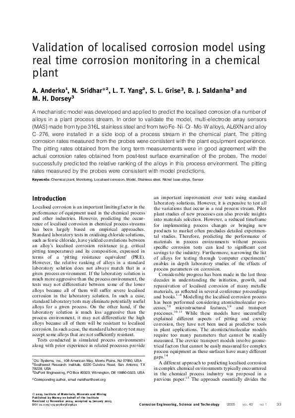 (PDF) Validation of localised corrosion model using real time corrosion monitoring in a chemical ...