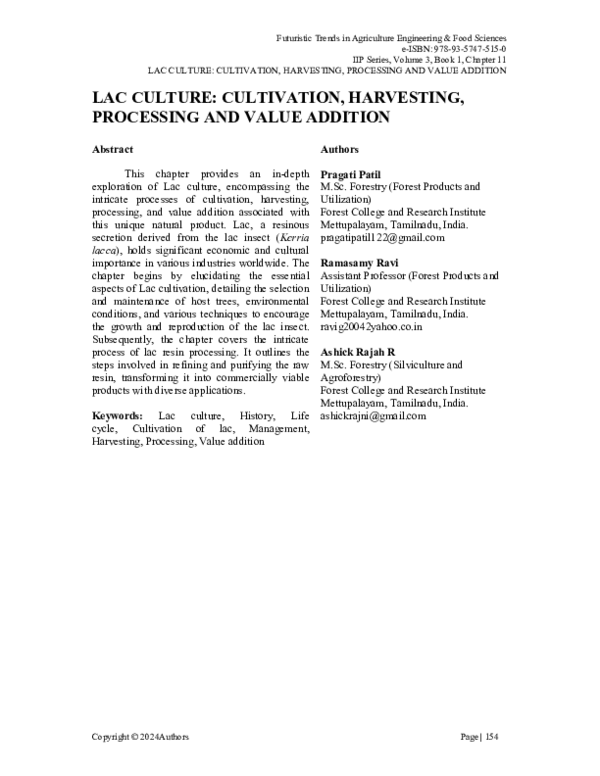 (PDF) LAC CULTURE: CULTIVATION, HARVESTING, PROCESSING AND VALUE ADDITION