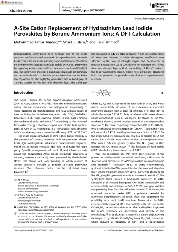 (PDF) A-Site Cation Replacement of Hydrazinium Lead Iodide Perovskites ...