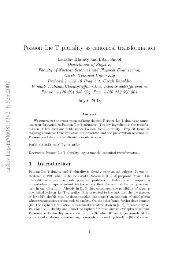 (PDF) Poisson–Lie T-plurality as canonical transformation