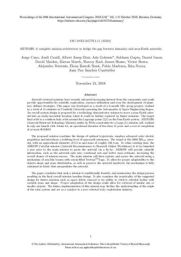 (PDF) ARTEMIS: A complete mission architecture to bridge the gap between humanity and near-Earth ...