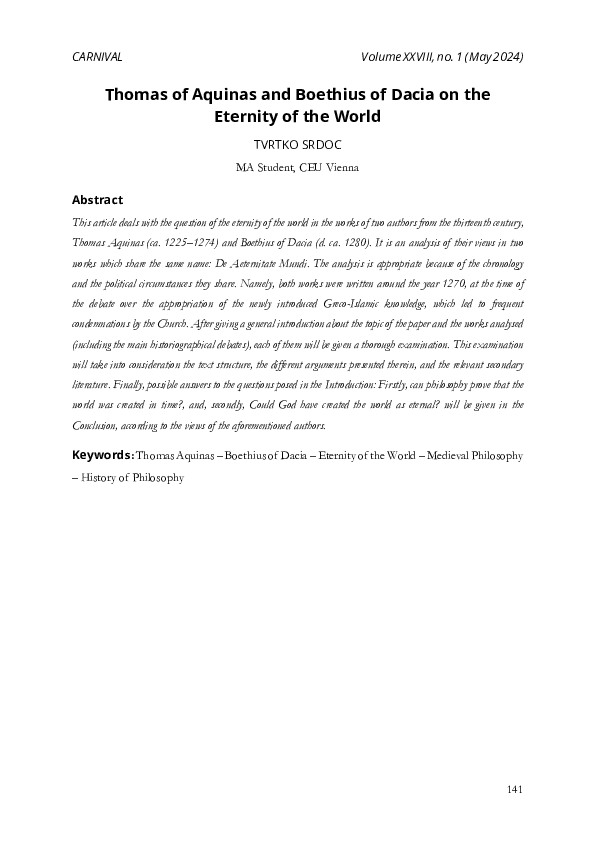 (PDF) Thomas Aquinas and Boethius of Dacia on the Eternity of the World