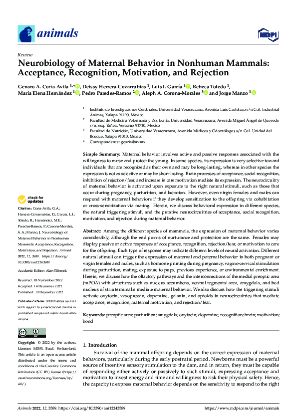 (PDF) Neurobiology of Maternal Behavior in Nonhuman Mammals: Acceptance, Recognition, Motivation ...