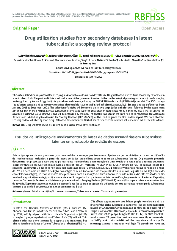 (PDF) Drug utilization studies from secondary databases in latent tuberculosis: a scoping review ...