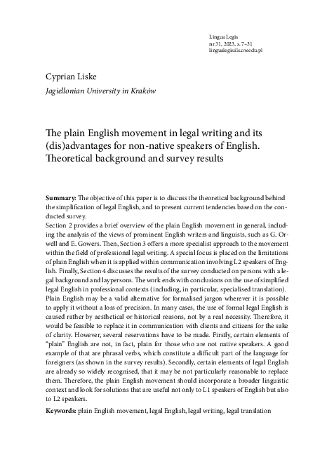 (PDF) The plain English movement in legal writing and its (dis ...