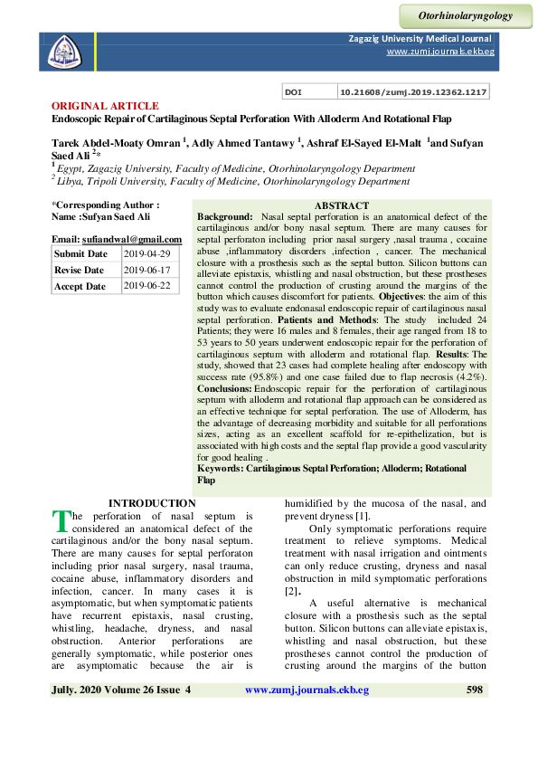 (PDF) Endoscopic Repair of Cartilaginous Septal Perforation With ...