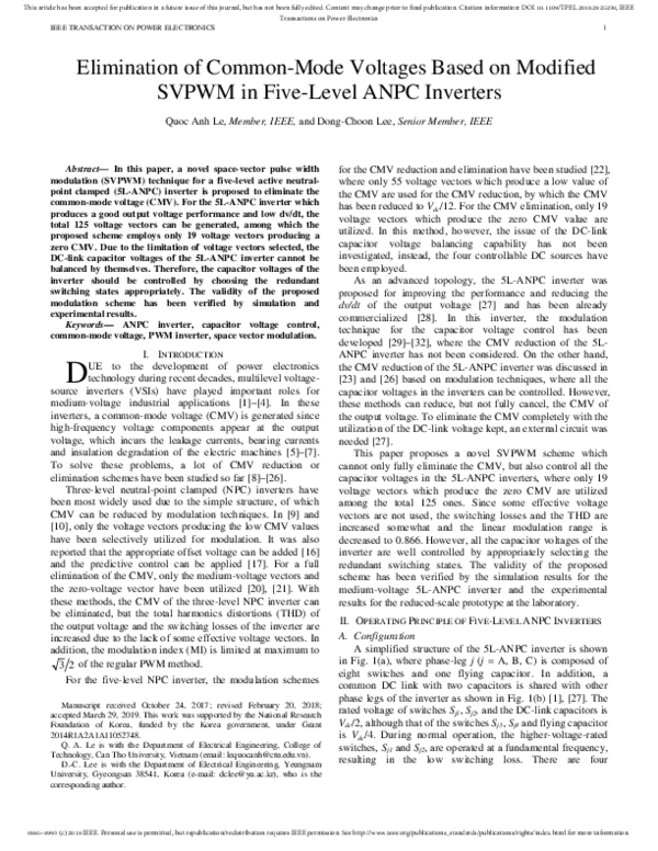 (PDF) Elimination of Common-Mode Voltages Based on Modified SVPWM in Five-Level ANPC Inverters