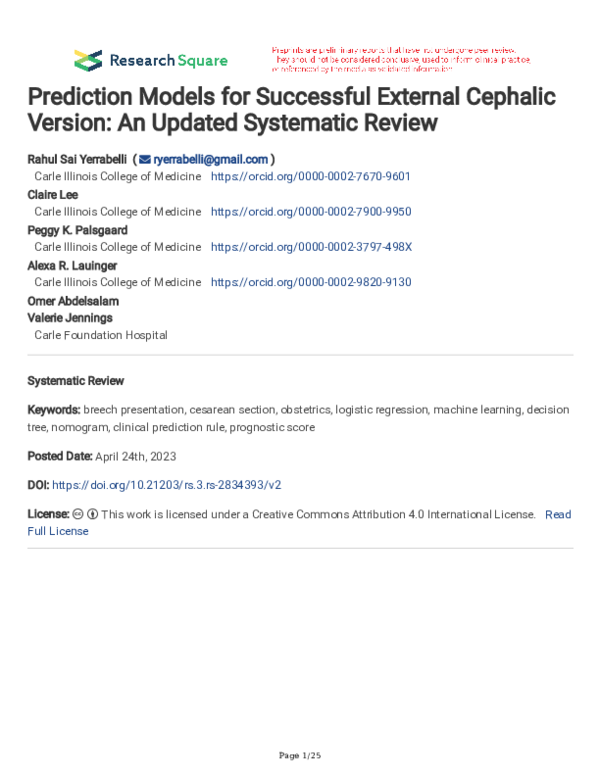 (PDF) Prediction Models for Successful External Cephalic Version: An Updated Systematic Review
