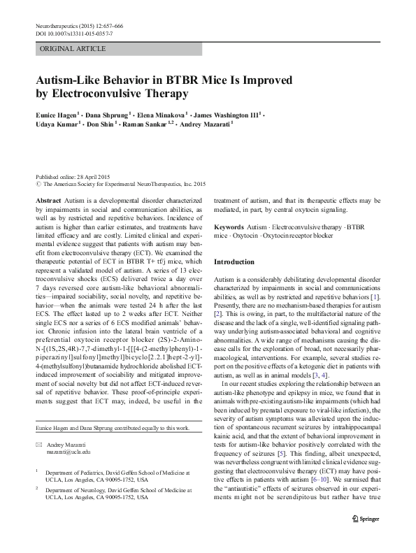 (PDF) Autism-Like Behavior in BTBR Mice Is Improved by ...