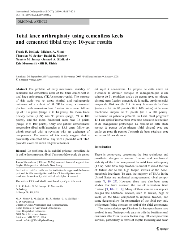 (PDF) Total knee arthroplasty using cementless keels and cemented ...