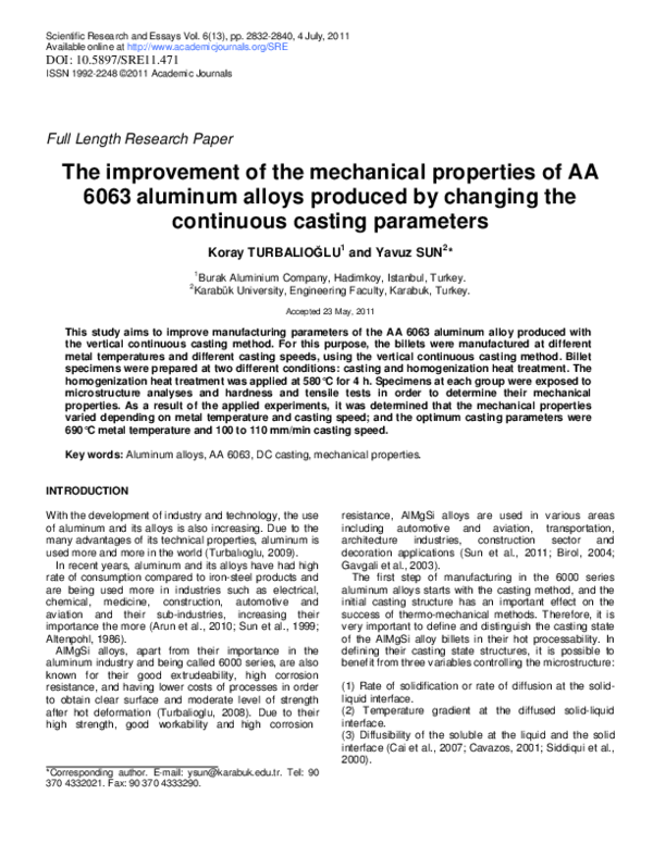 (PDF) The improvement of the mechanical properties of AA 6063 aluminum ...
