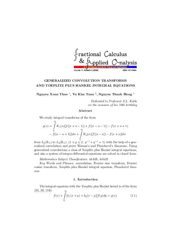 Pdf Generalized Convolution Transforms And Toeplitz Plus Hankel