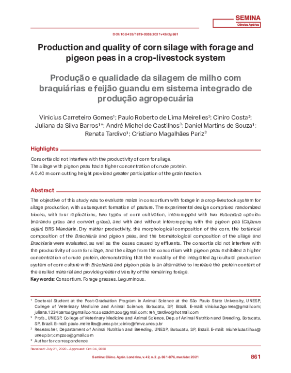 (PDF) Production and quality of corn silage with forage and pigeon peas ...