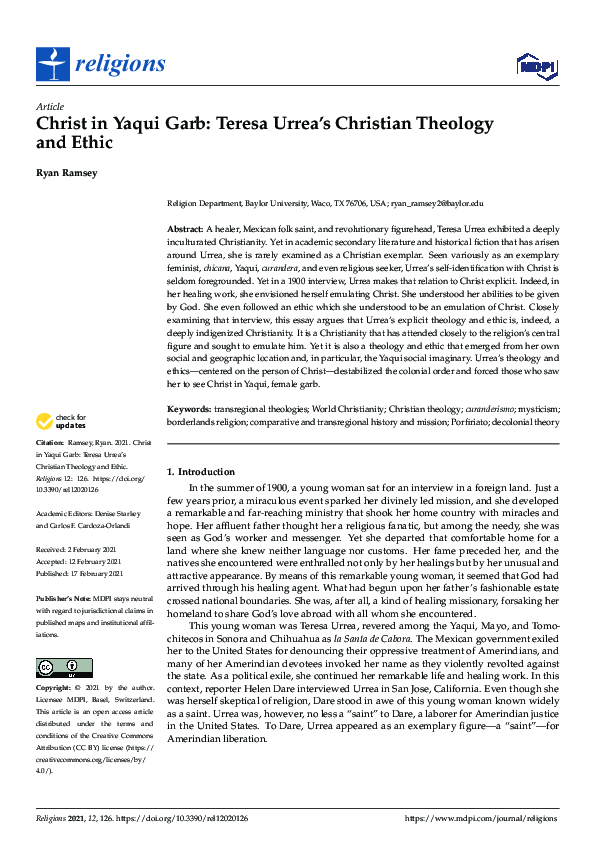 (PDF) Christ in Yaqui Garb: Teresa Urrea’s Christian Theology and Ethic