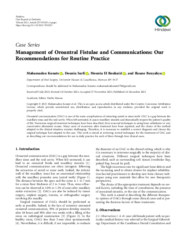 (PDF) Management of Oroantral Fistulae and Communications: Our ...