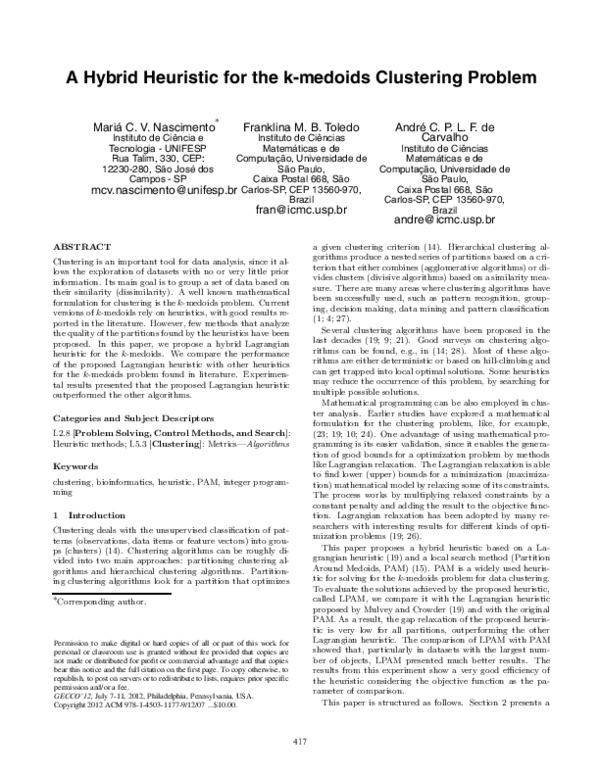 (PDF) A hybrid heuristic for the k-medoids clustering problem