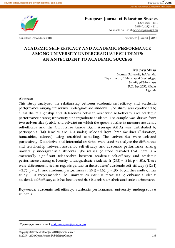 (PDF) Academic Self-Efficacy and Academic Performance Among University ...