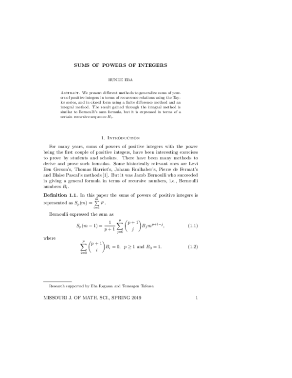 (PDF) Sums of Powers of Integers