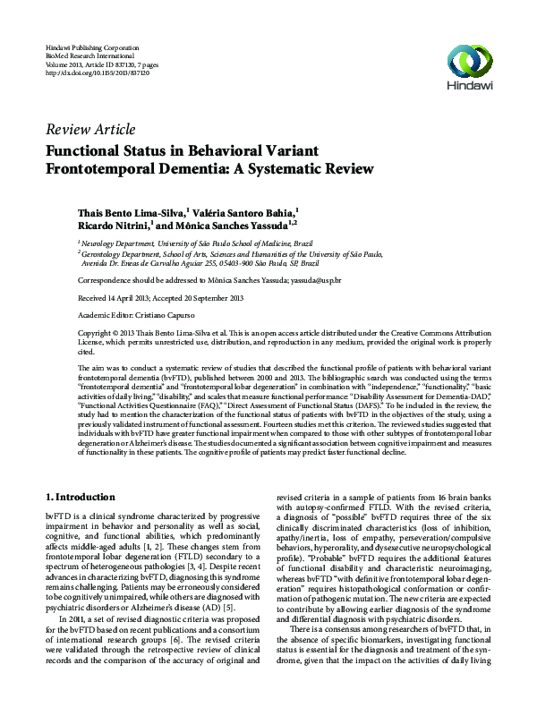 (PDF) Functional Status in Behavioral Variant Frontotemporal Dementia ...