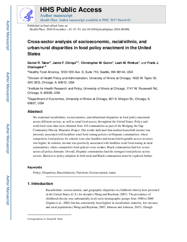 (PDF) Cross-sector analysis of socioeconomic, racial/ethnic, and urban/rural disparities in food ...