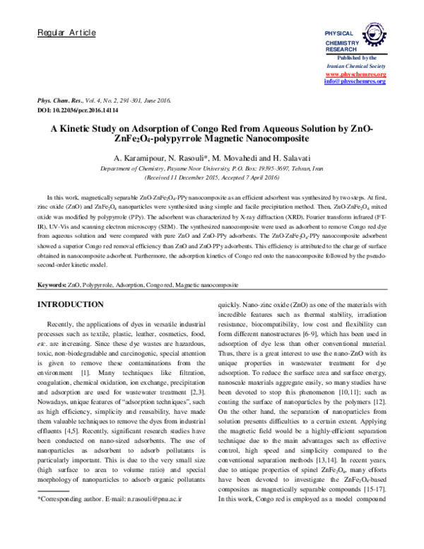 (PDF) A Kinetic Study on Adsorption of Congo Red from Aqueous Solution by ZnO- ZnFe2O4 ...