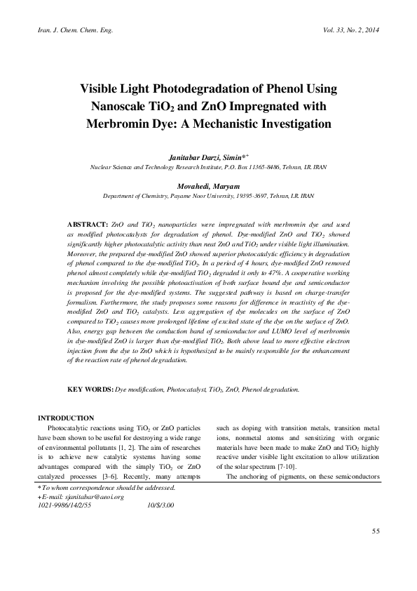 (PDF) Visible Light Photodegradation of Phenol Using Nanoscale TiO2 and ZnO Impregnated with ...