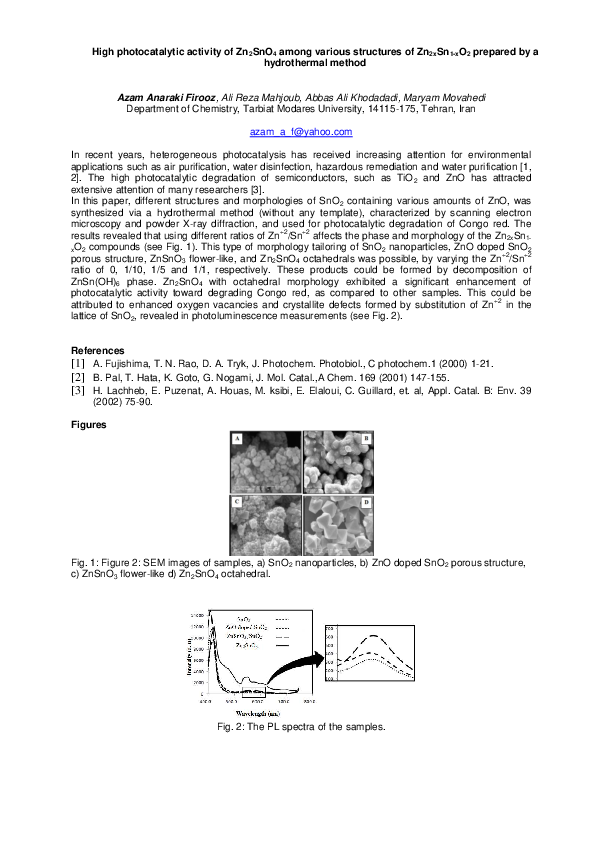 (PDF) Zn2SnO4 Photocatalytic Performance via Hydrothermal Synthesis