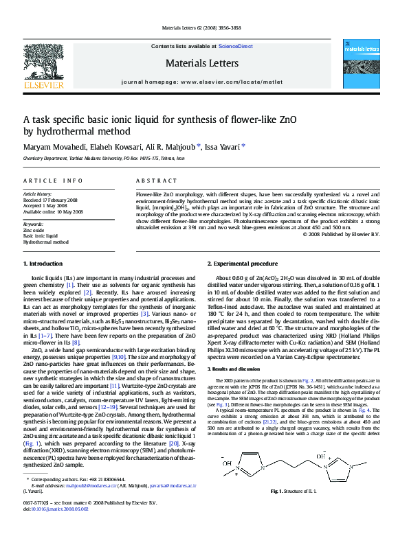 (PDF) A task specific basic ionic liquid for synthesis of flower-like ZnO by hydrothermal method