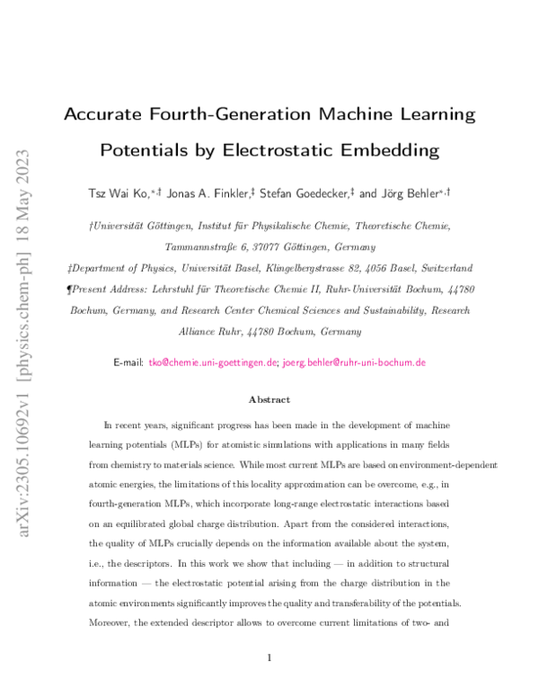 Pdf Accurate Fourth Generation Machine Learning Potentials By Electrostatic Embedding Stefan