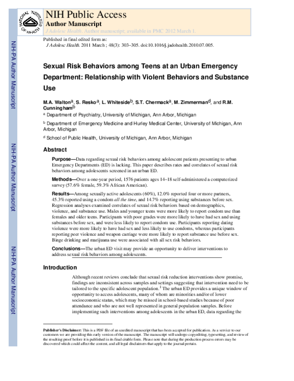 Pdf Sexual Risk Behaviors Among Teens At An Urban Emergency 8564
