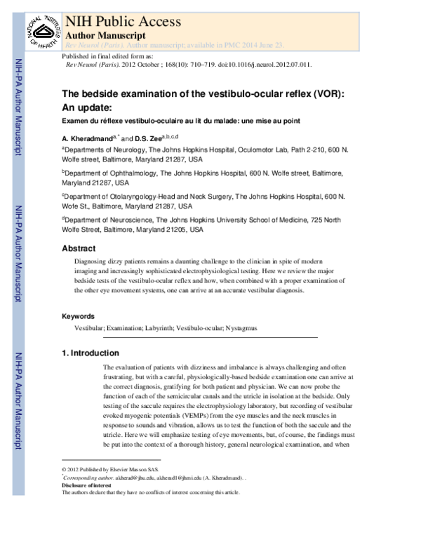 (PDF) The bedside examination of the vestibulo-ocular reflex (VOR): An ...