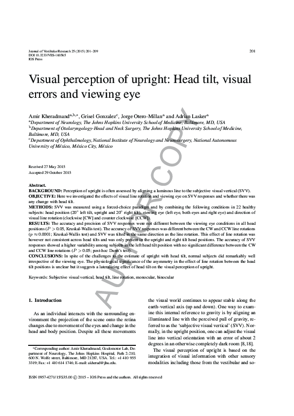 (PDF) Visual perception of upright: Head tilt, visual errors and ...