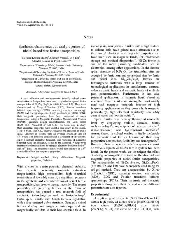 (PDF) Synthesis, characterization and properties of nickel based zinc ferrite nanoparticles