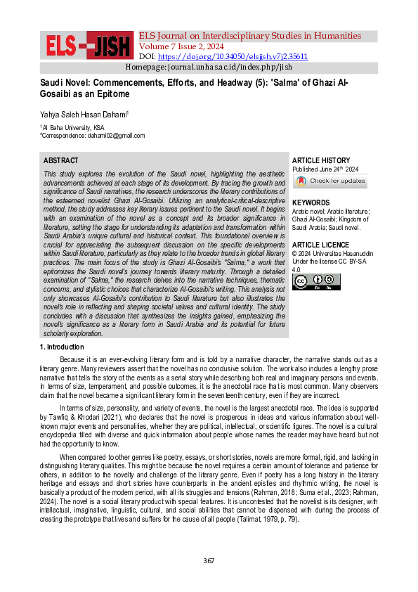 (PDF) Saudi Novel: Commencements, Efforts, and Headway (5): 'Salma' of ...