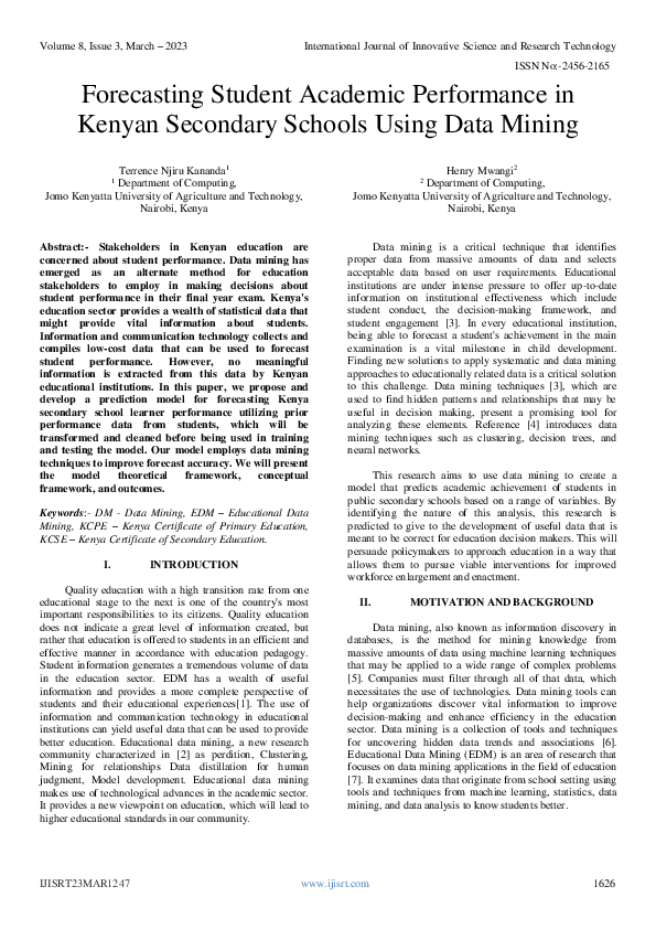 (PDF) Forecasting Student Academic Performance in Kenyan Secondary Schools Using Data Mining