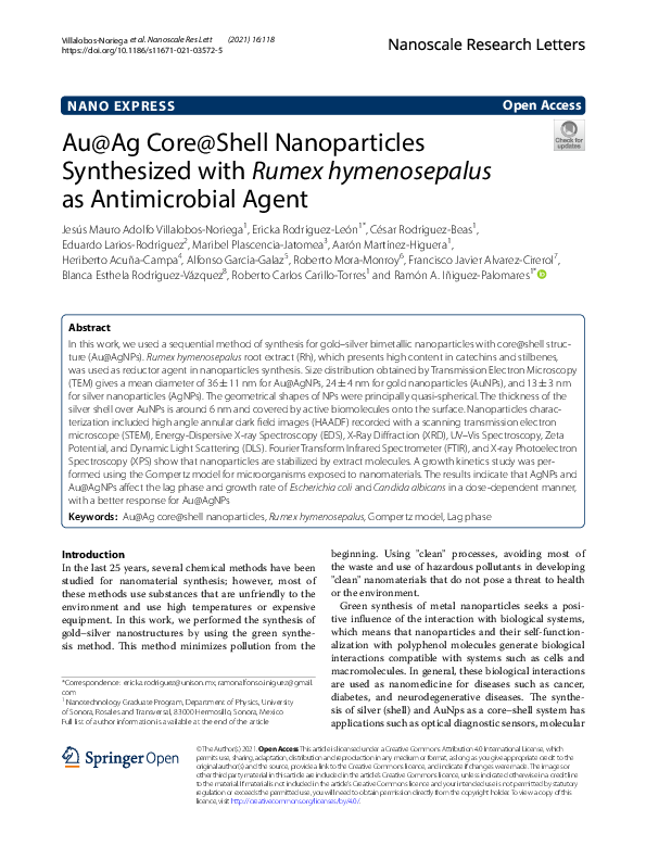 (PDF) Au@Ag Core@Shell Nanoparticles Synthesized with Rumex hymenosepalus as Antimicrobial Agent