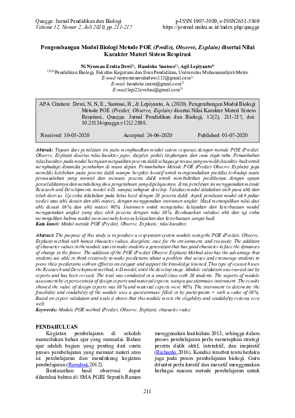 (PDF) Pengembangan Modul Biologi Metode Poe (Predict, Observe, Explain) Disertai Nilai Karakter ...